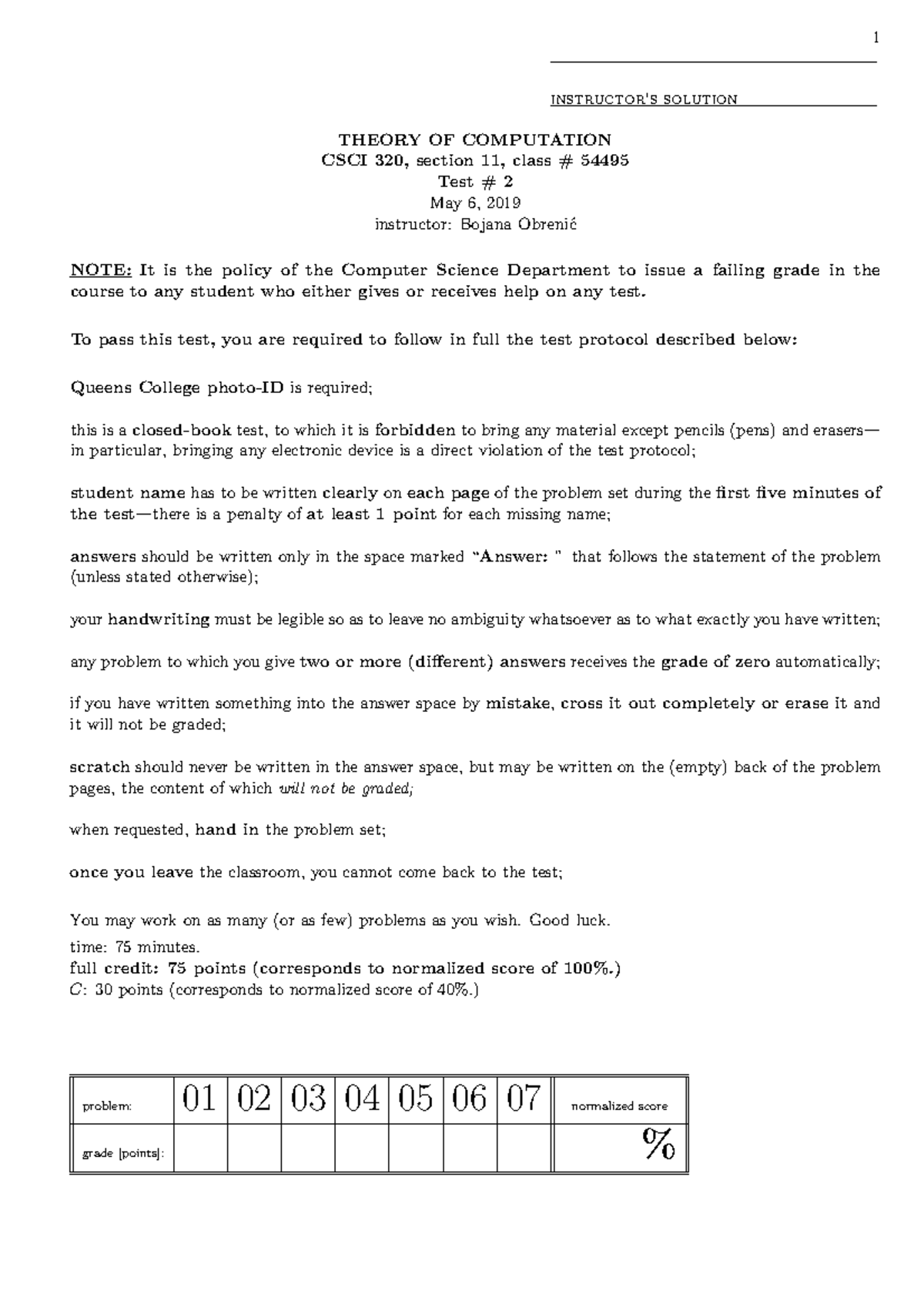 OLD Exam 2 Solutions - instructor’s solution THEORY OF COMPUTATION CSCI 320, section 11, class ...