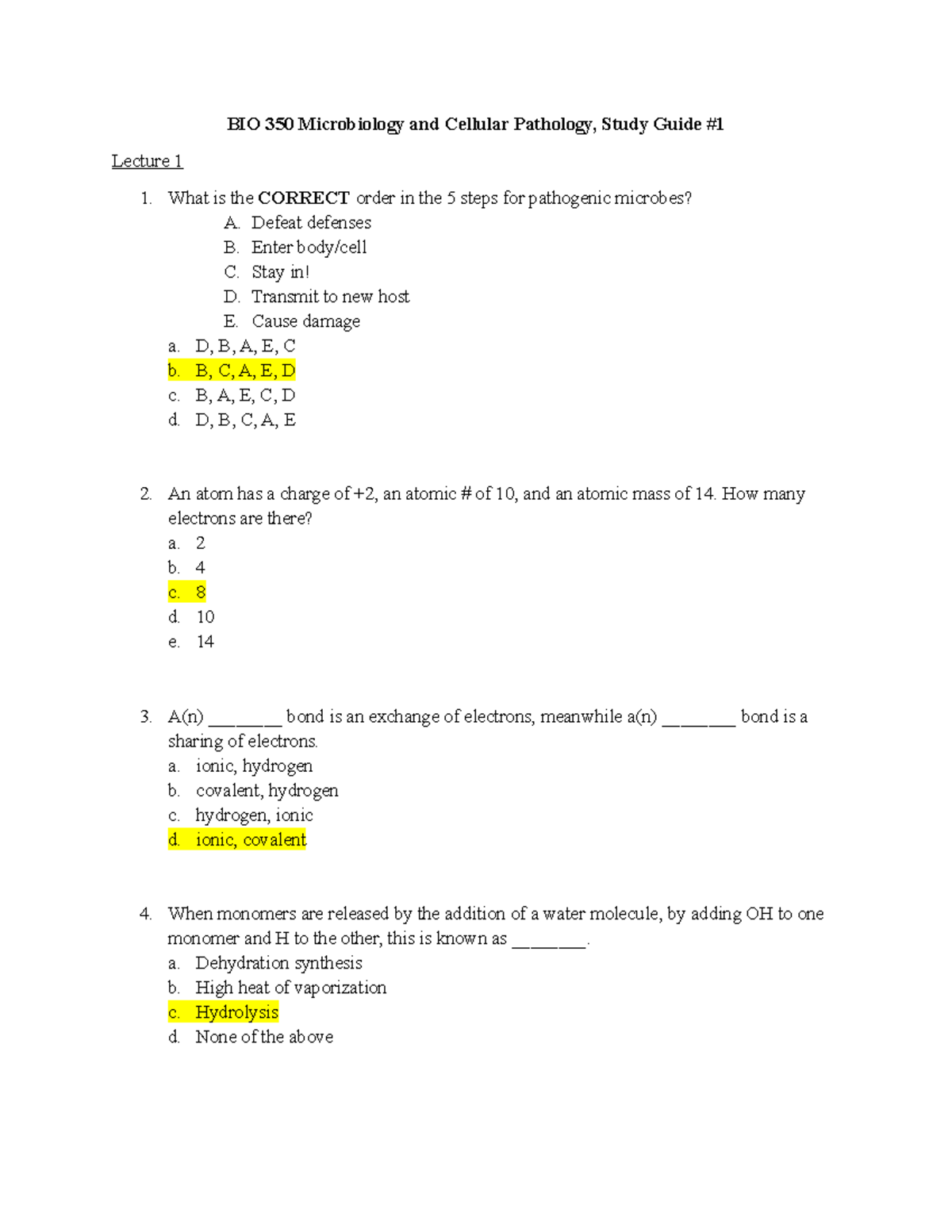 BIO 350 Microbiology & Cellular Pathology: Study Guide Lecture 1 - Studocu