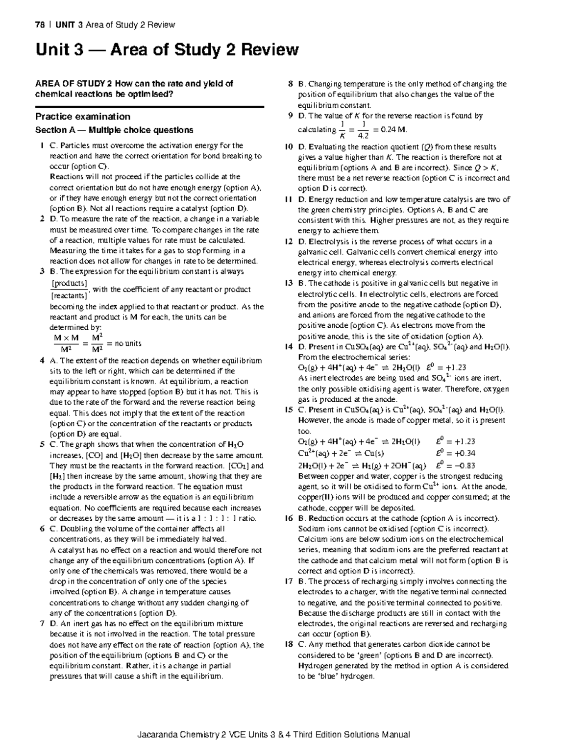 Jacaranda Chemistry 2 VCE U3 AOS2 Review & Practice Exam Solutions ...
