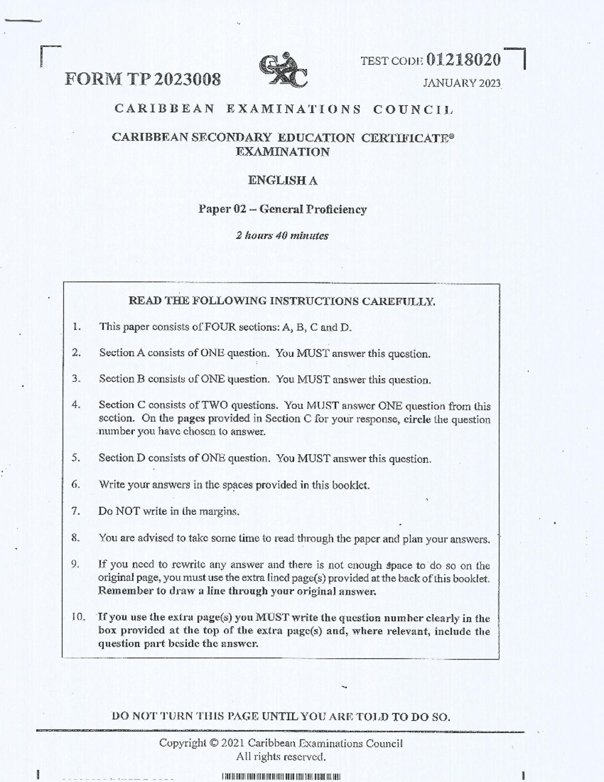 620500650 CSEC English A 2023 P2 Exam Paper with Instructions and ...