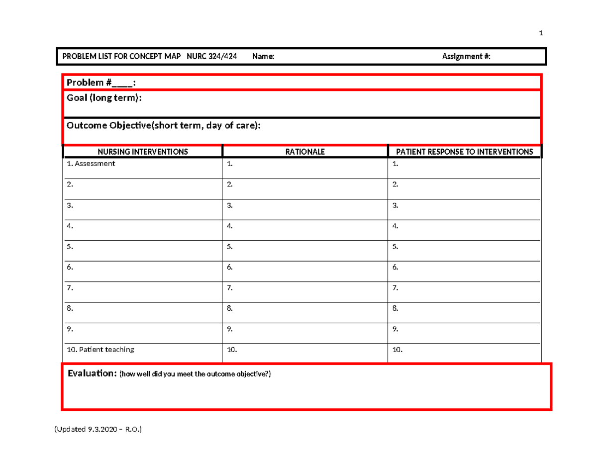 NURC 424 Problem List (Template) - 9 - Problem #____: Goal (long term ...