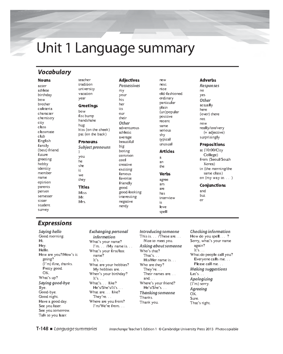 Interchange 1 Language Summary - Vocabulary and Expressions Guide - Studocu