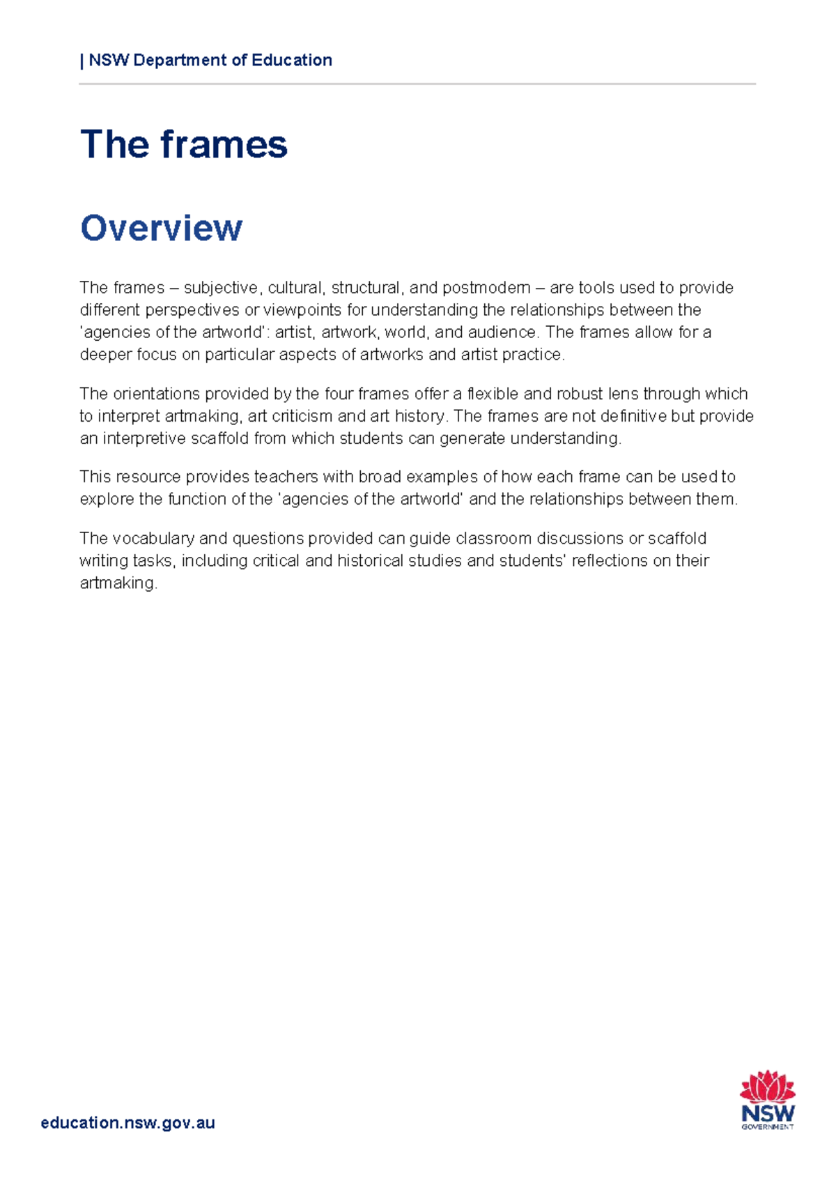 NSW Department of Education: Overview of Visual Arts Frames - Studocu