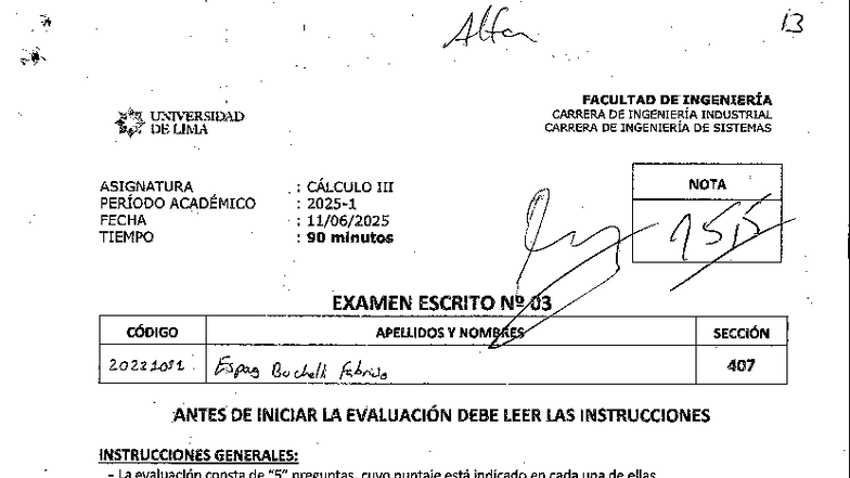 EE3 407 - Examen Escrito de Cálculo III - Studocu