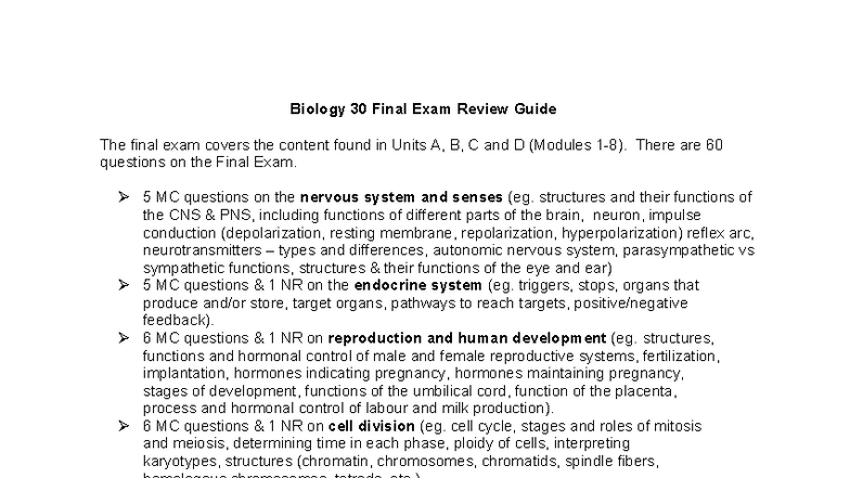 Bio 30 Final Exam Review: Units A-D Overview and Key Topics - Studocu