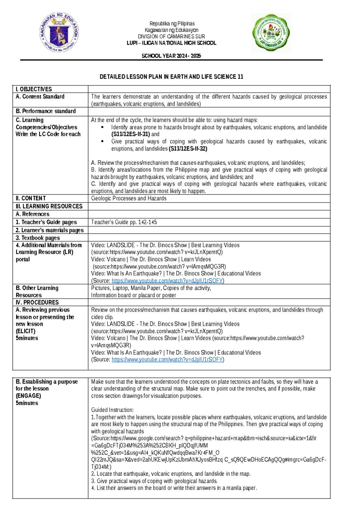 Detailed Lesson Plan in Earth and Life Science 11: Geological Hazards ...