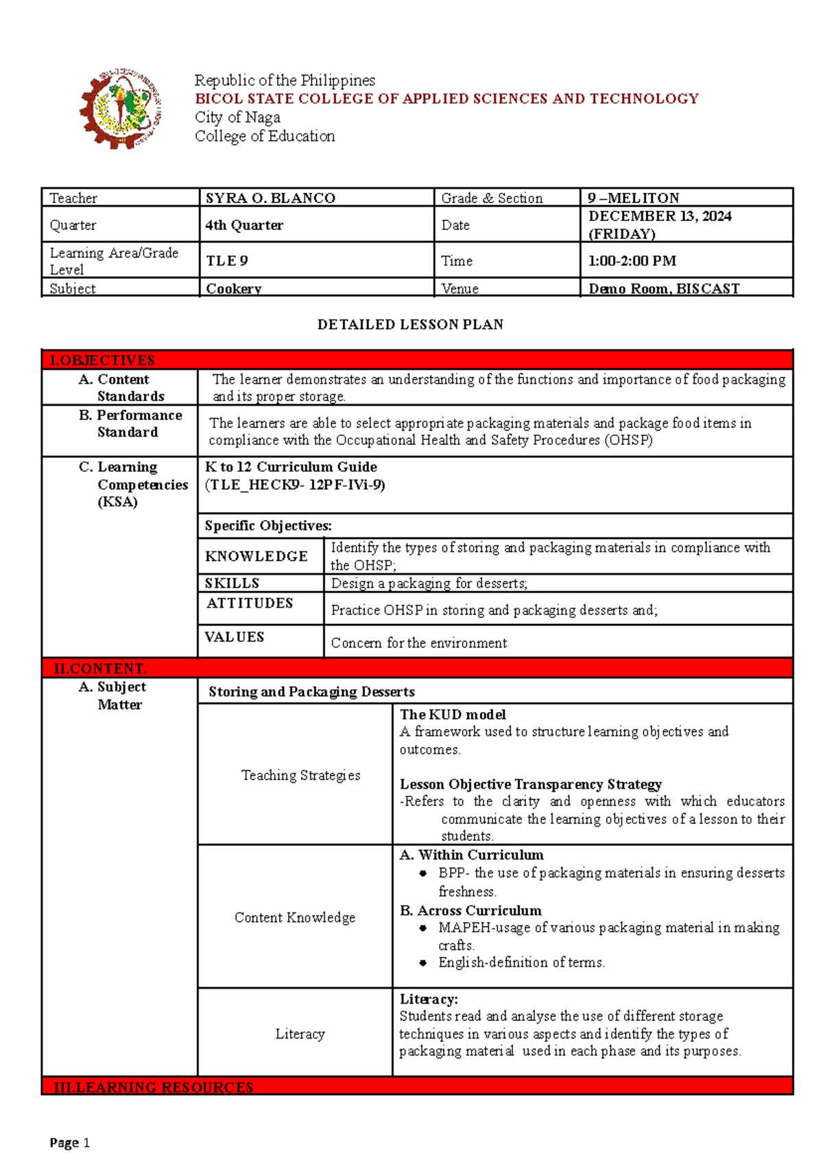 DLP TLE 9: Storing and Packaging Desserts Lesson Plan - Studocu