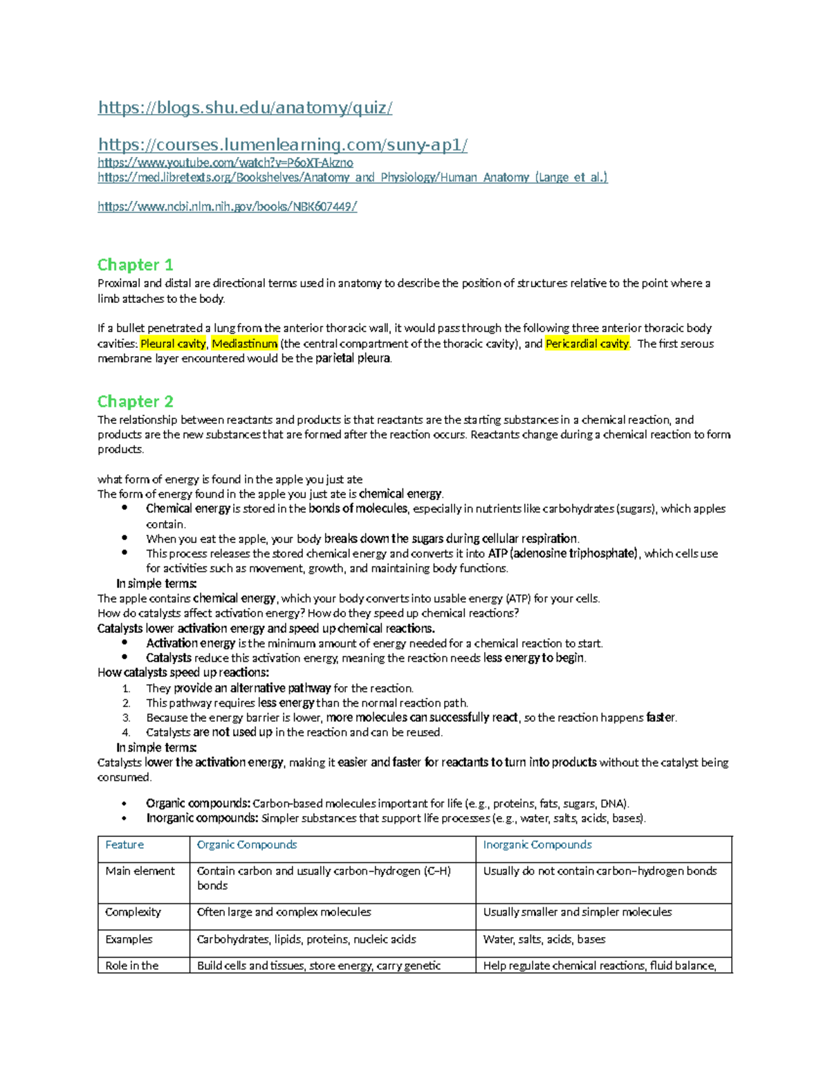 Chapter 1 & 2 Study Notes: Anatomy & Chemical Reactions - Studocu