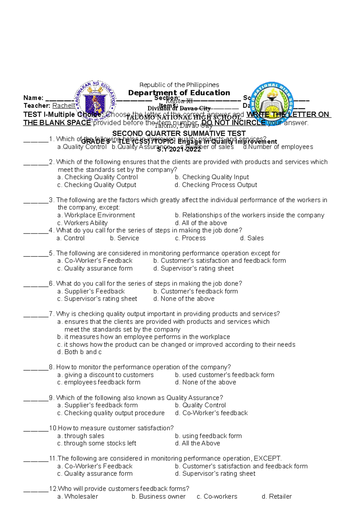 Grade 9 CSS 2ND Summative Test - TLE (Engage in Quality Improvement ...