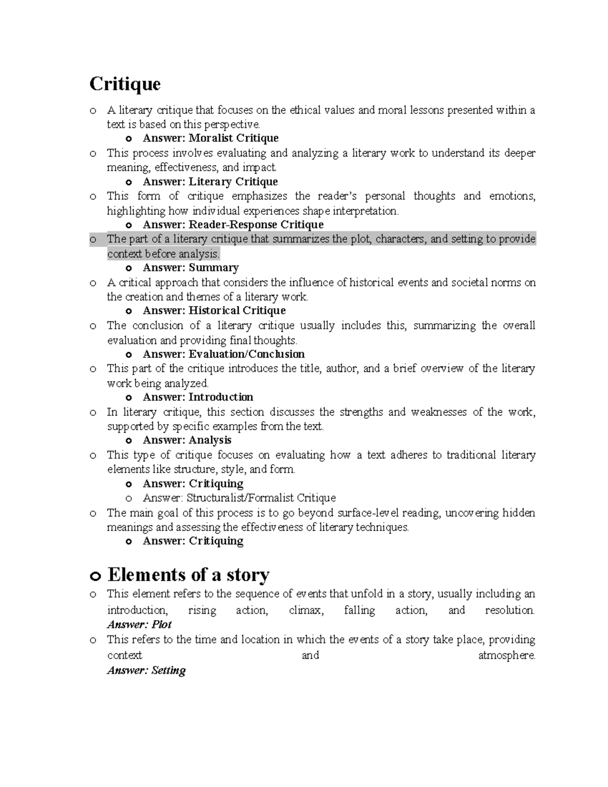 Literary Critique Quiz: Understanding Key Concepts and Elements - Studocu