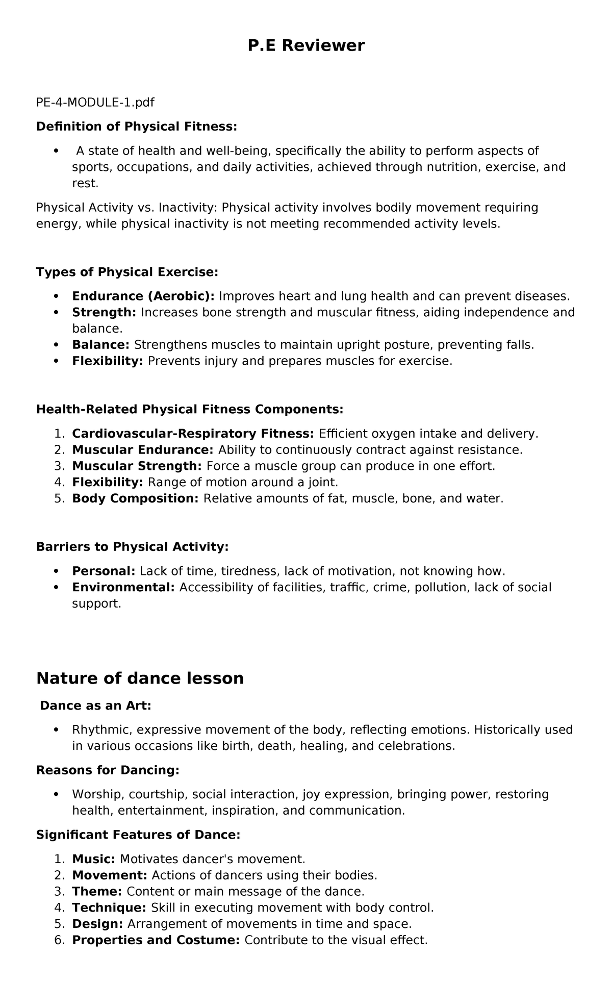 P.E Reviewer: Understanding Physical Fitness and Dance Elements - Studocu