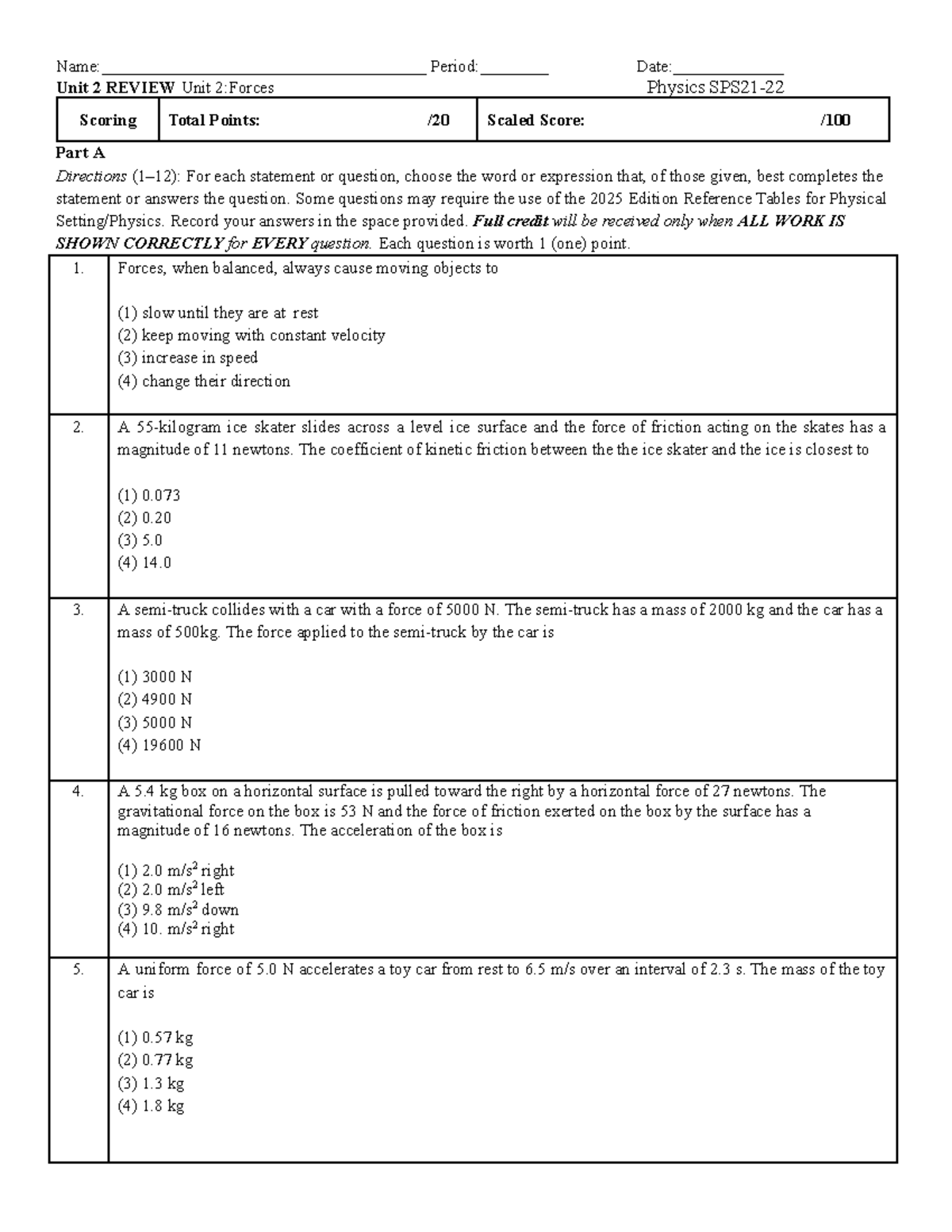 Unit 2 Physics Review: Forces (SPS21-22) Exam Prep - Studocu