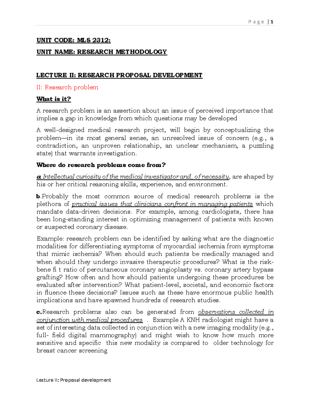 Lecture II Proposal Development - UNIT CODE: MLS 2312: UNIT NAME ...