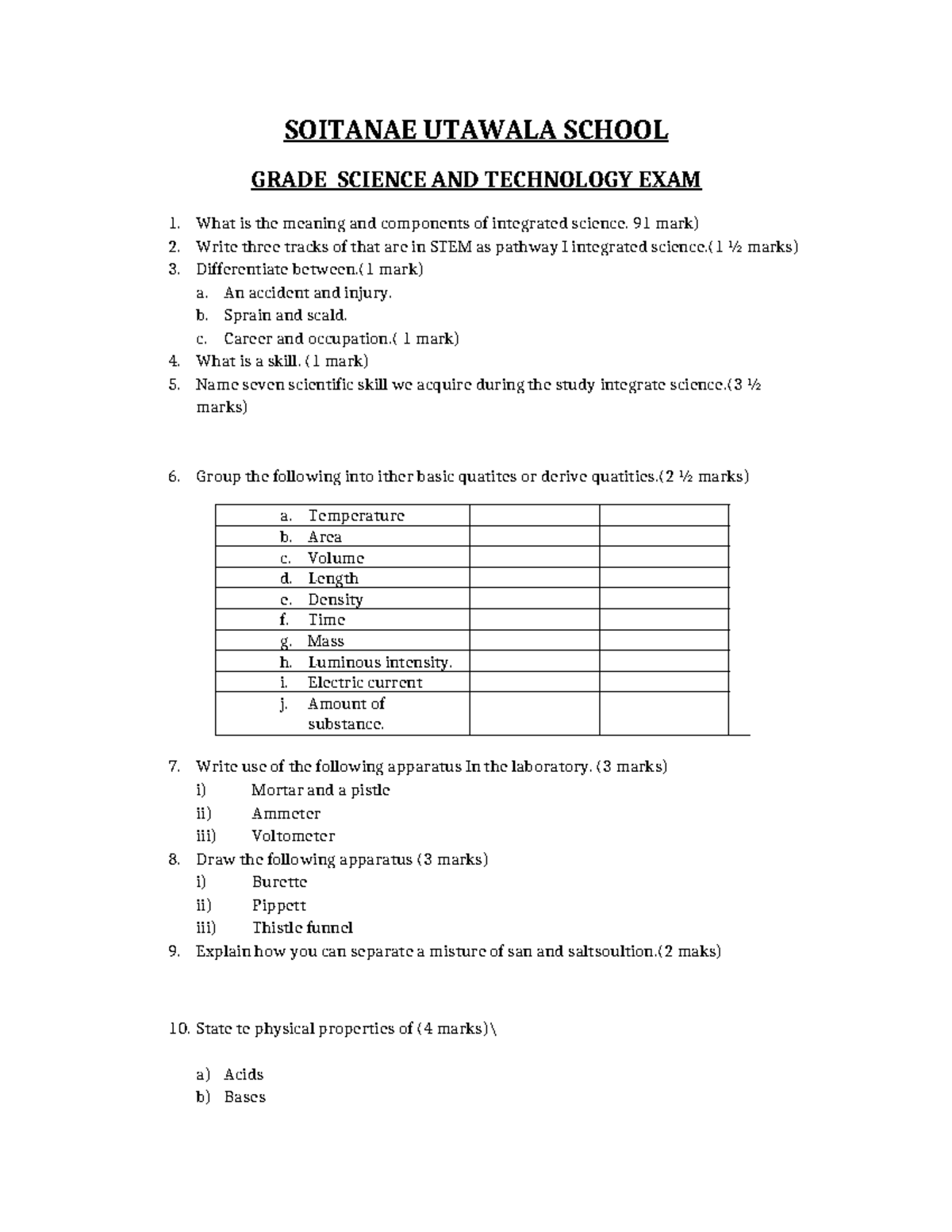 SOITANAE UTAWALA GRADE 6 SCIENCE ASSESSMENT EXAM 1 - Studocu
