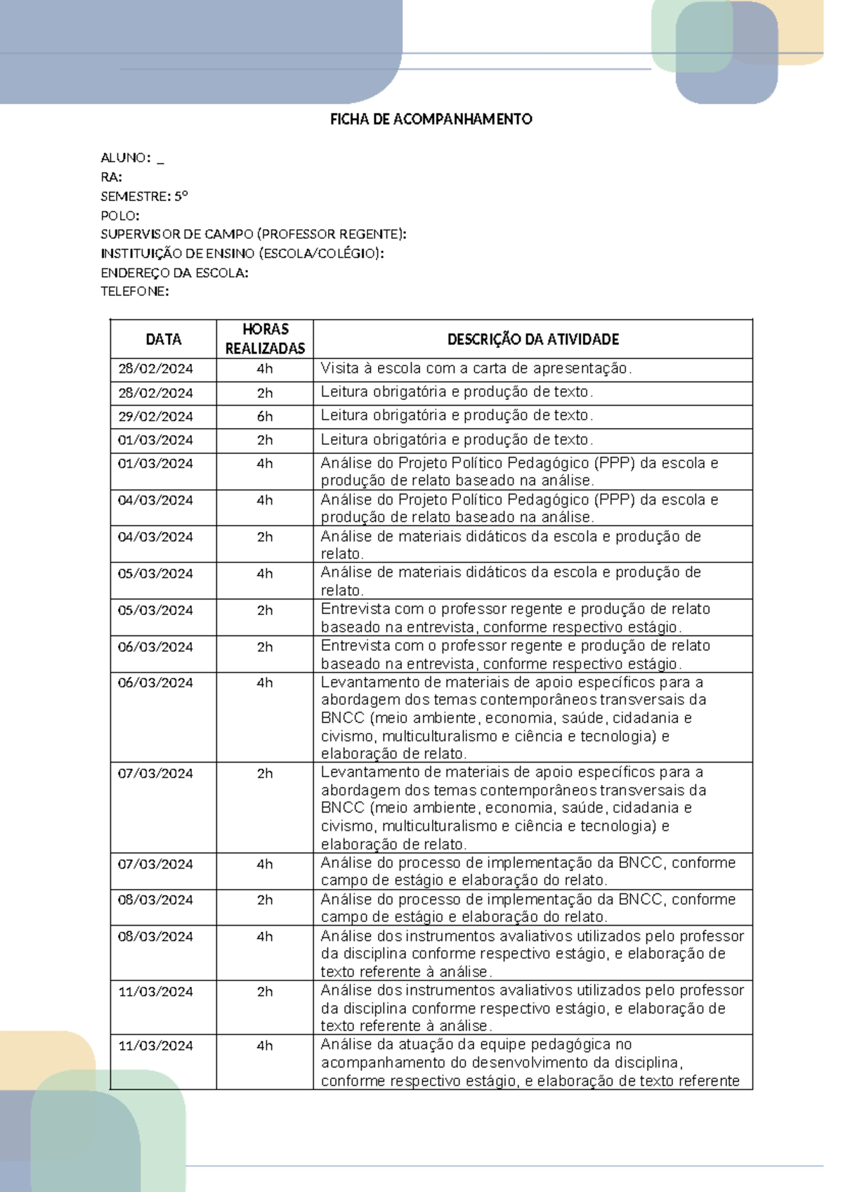 Ficha De Acompanhamento 2024 Ficha De Acompanhamento Aluno Ra