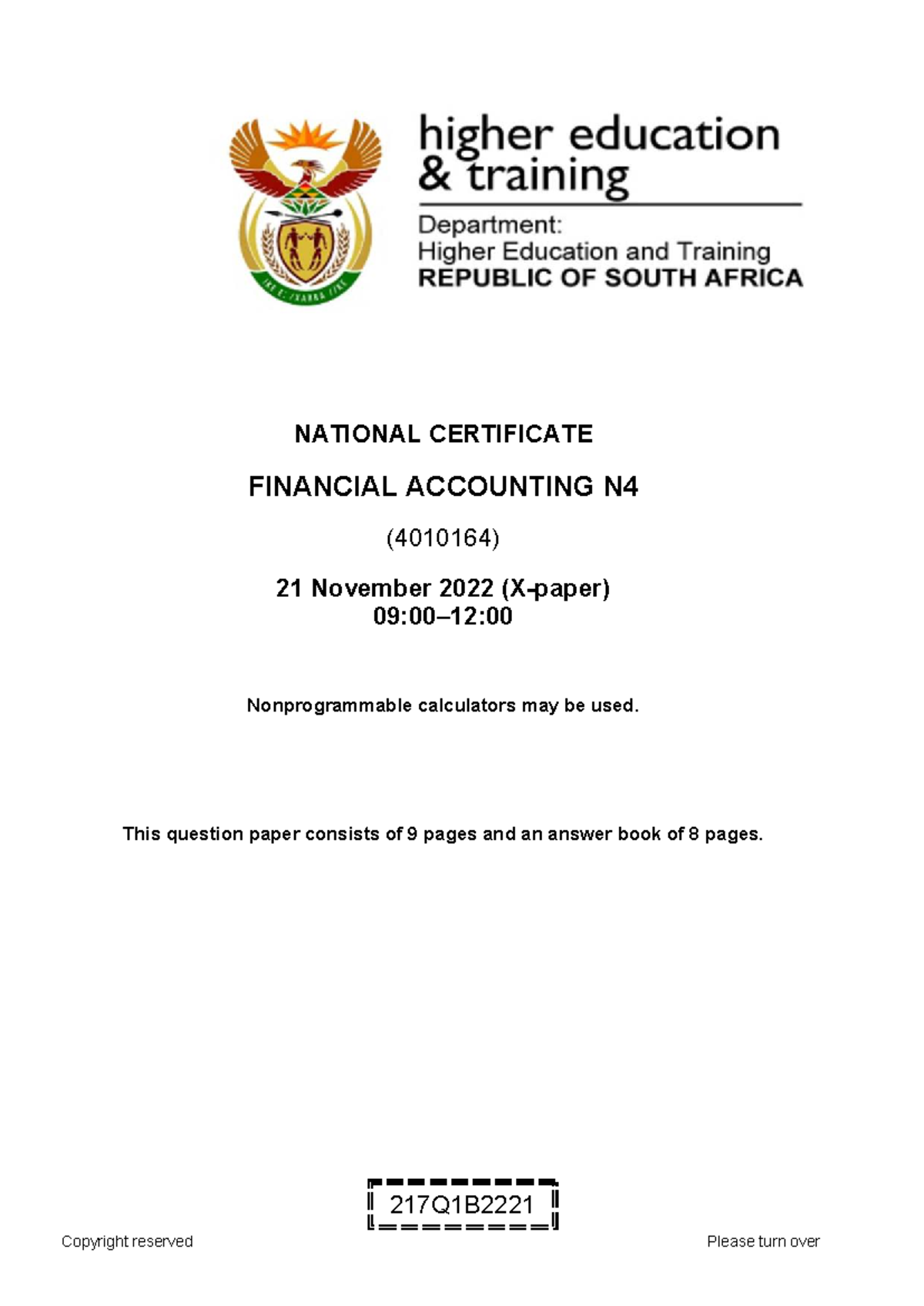 N550 Financial Accounting N4 Final Exam Question Paper November 2022 ...