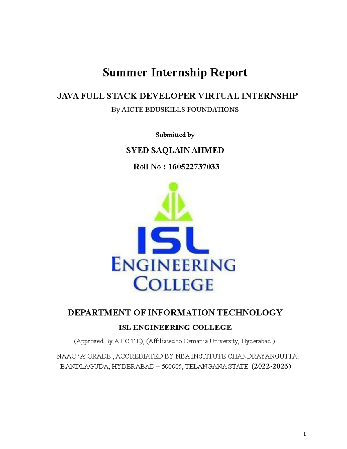 Summer Internship Report: JAVA Full Stack Developer - AICTE - Studocu