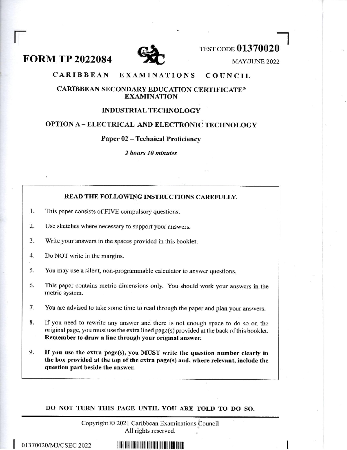 Electrical Technology Paper 02 - CSEC 2022 Exam Guide - Studocu