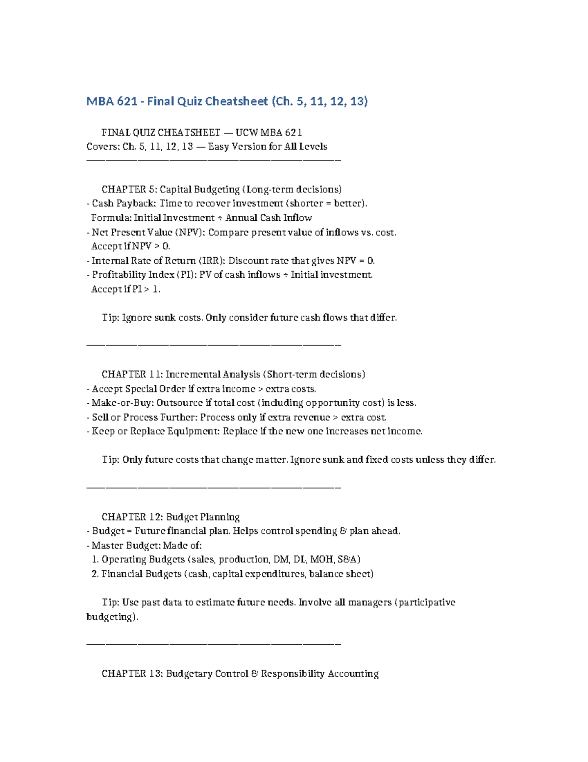 MBA 621 Final Quiz Cheatsheet (Ch. 5, 11-13) Summary Guide - Studocu
