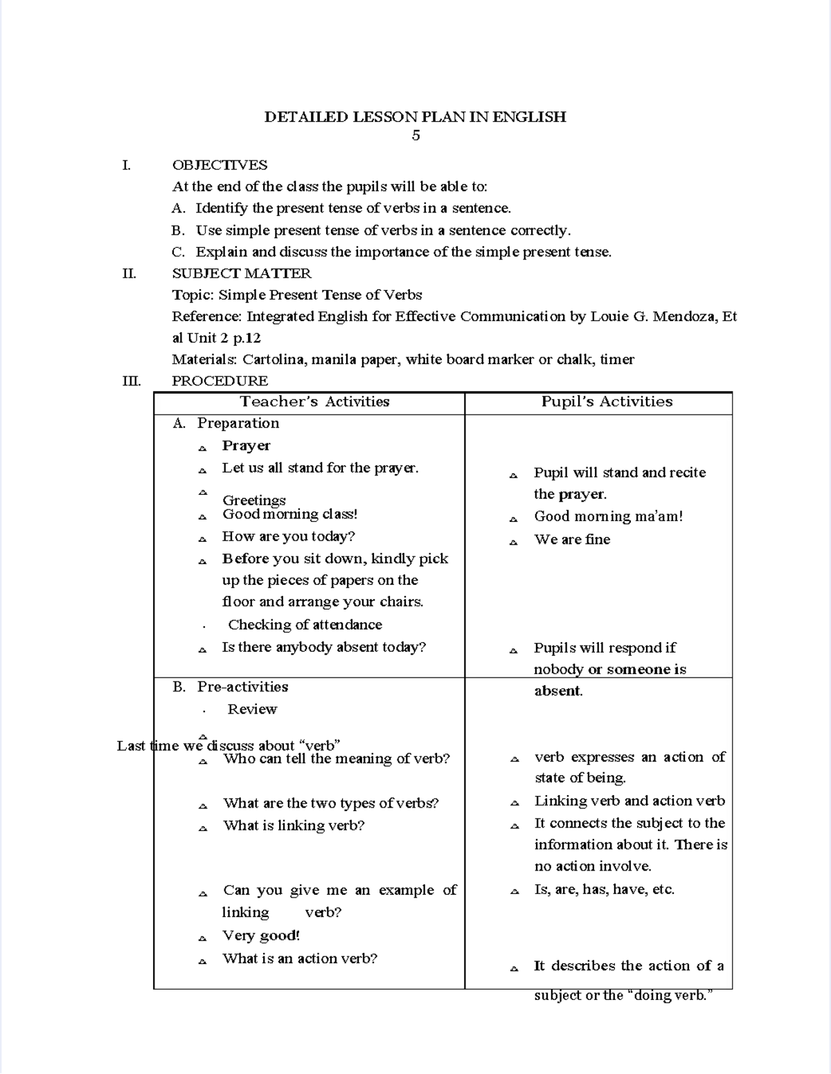 Detailed Lesson Plan: Simple Present Tense in English 5 - Studocu
