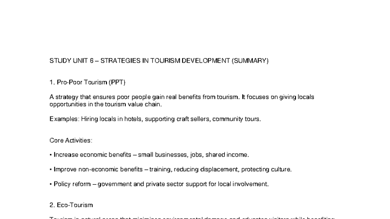 Study Unit 6 Tourism Strategies Summary - STUDY UNIT 6 – STRATEGIES IN ...