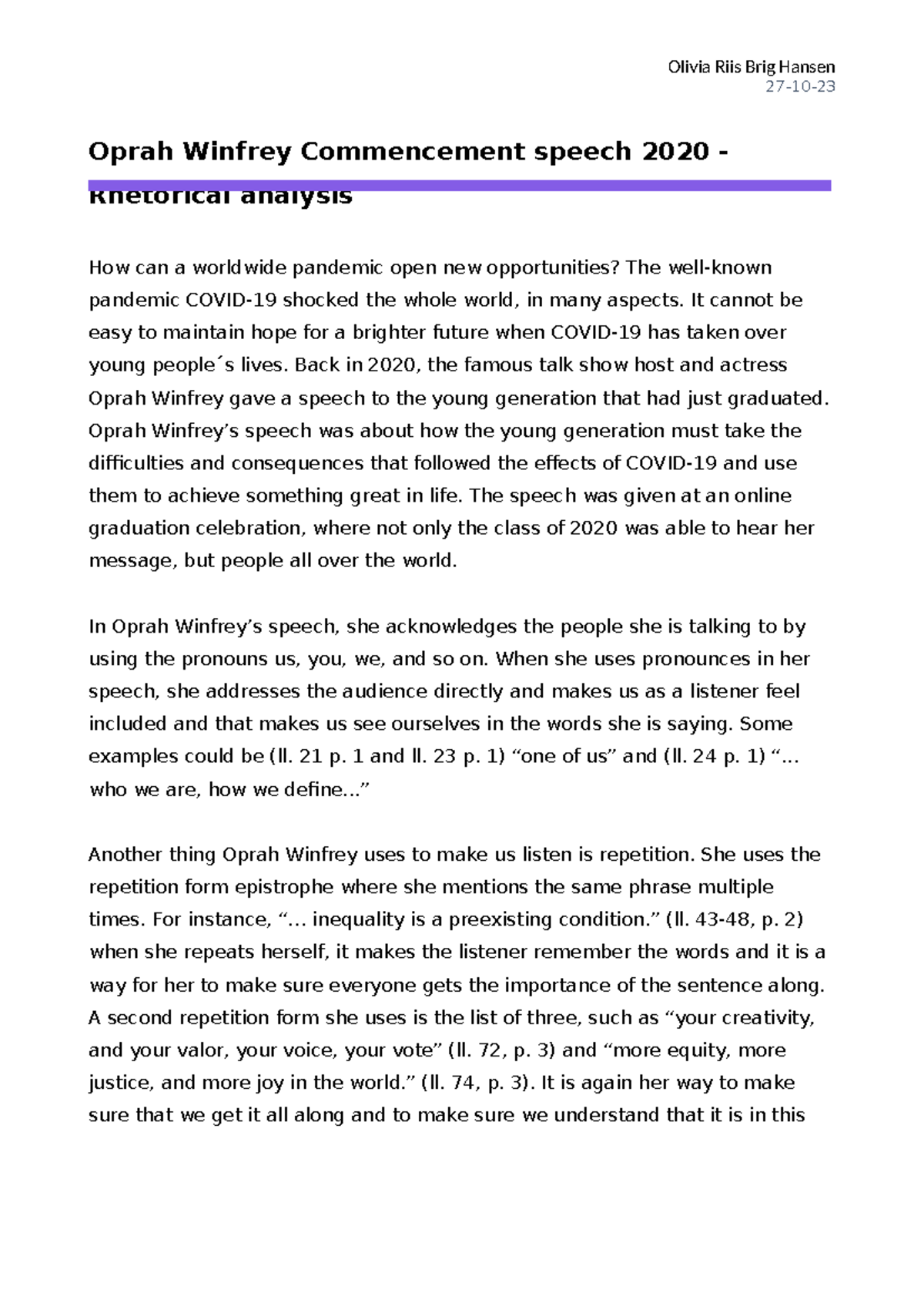 Rhetorical Analysis of Oprah Winfrey's 2020 Commencement Speech - Studocu