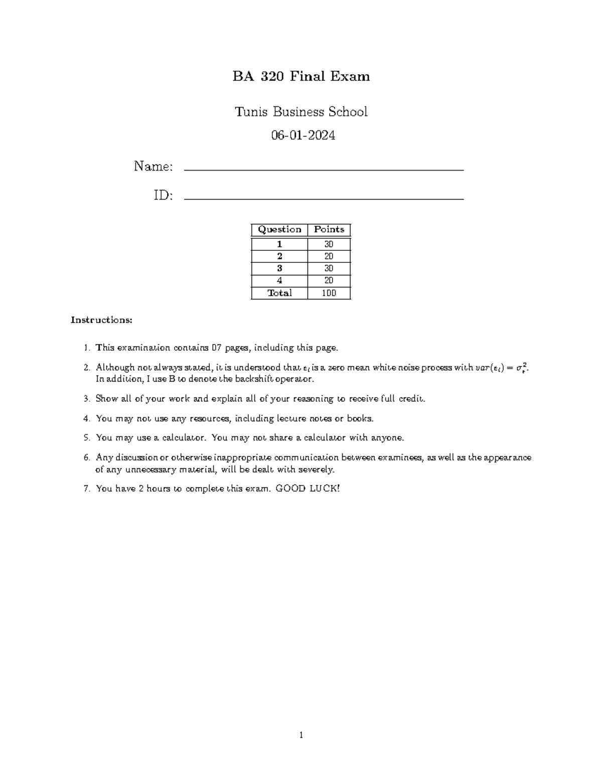 Final exam TSA 2024 - Tut - BA 320 Final Exam Tunis Business School 06 ...