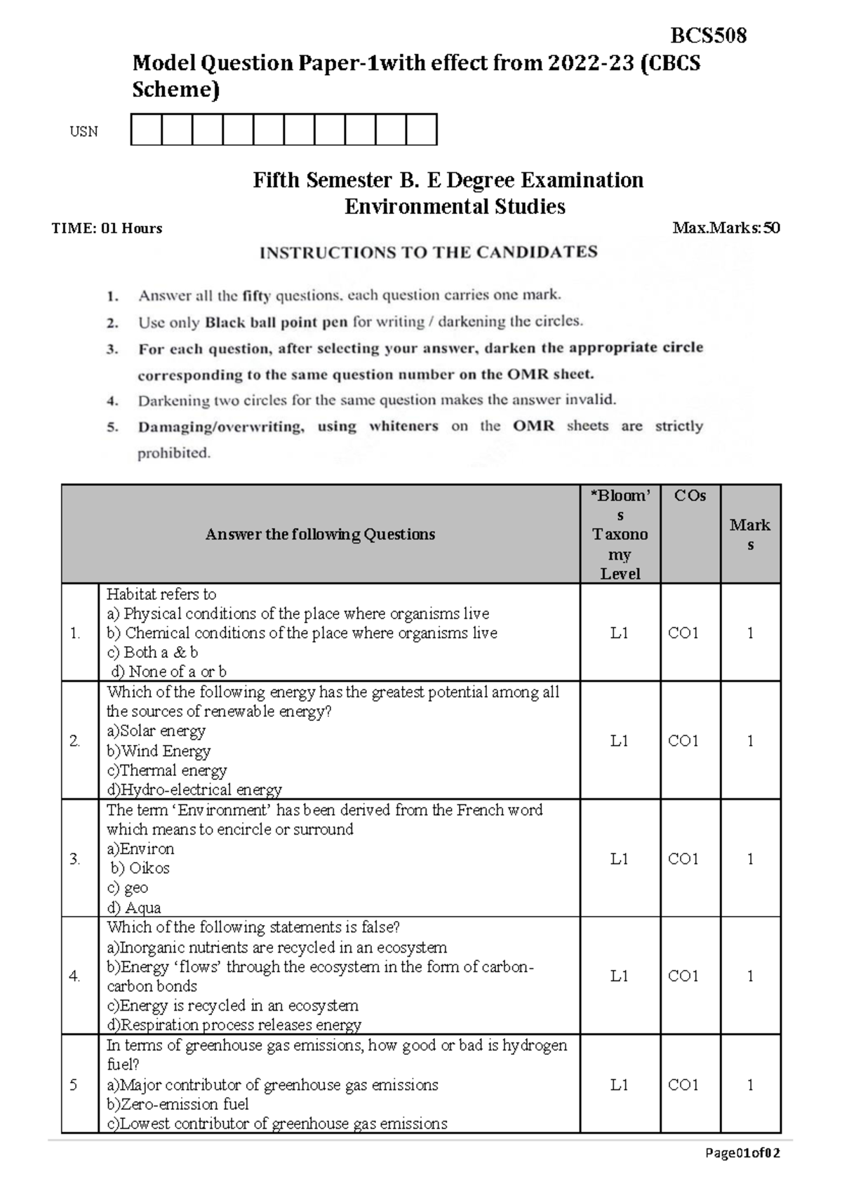 BCS508 Model Question Paper: Environmental Studies (2022-23) - Studocu