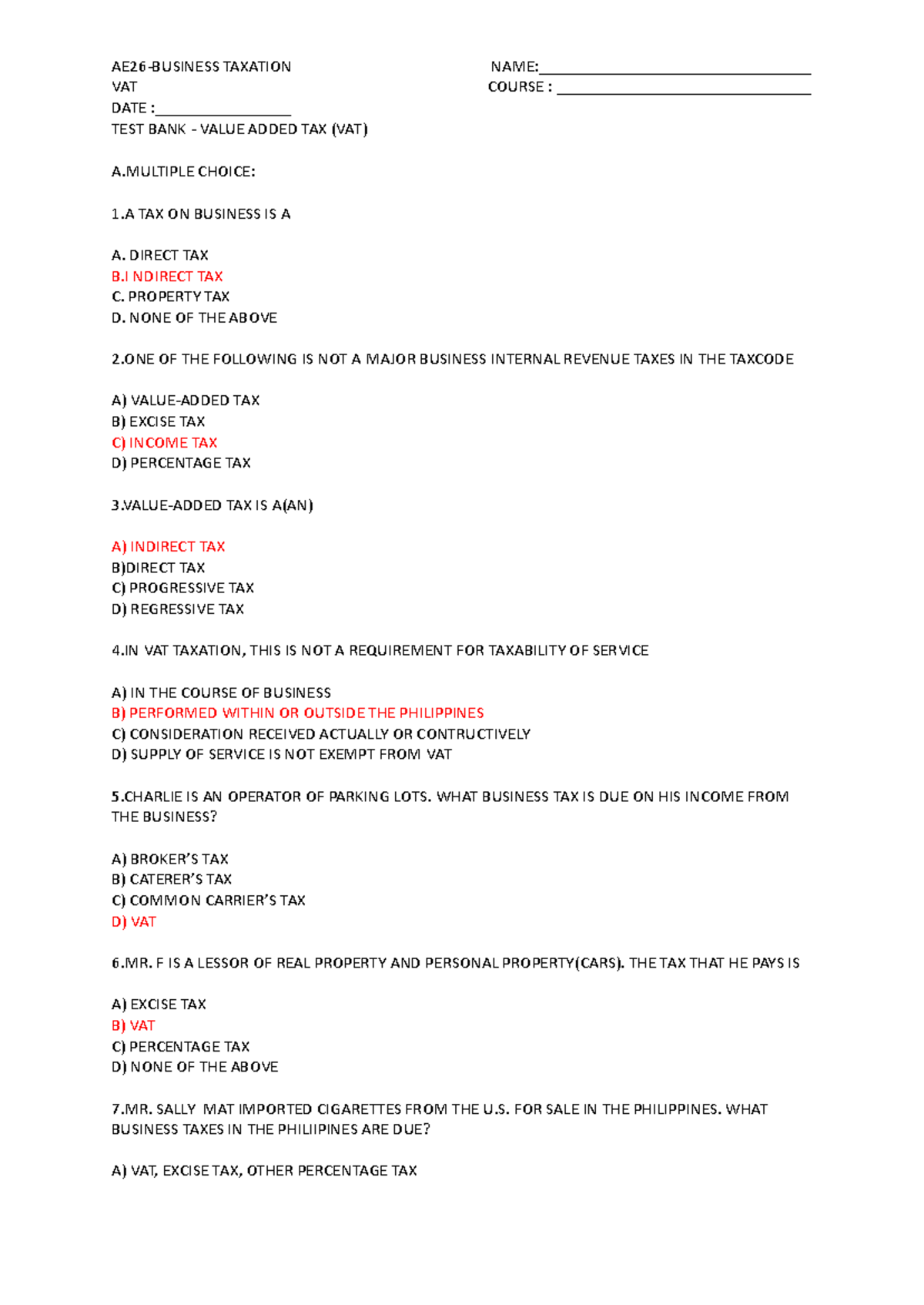 TEST BANK - VALUE ADDED TAX (VAT) Study Guide - Studocu