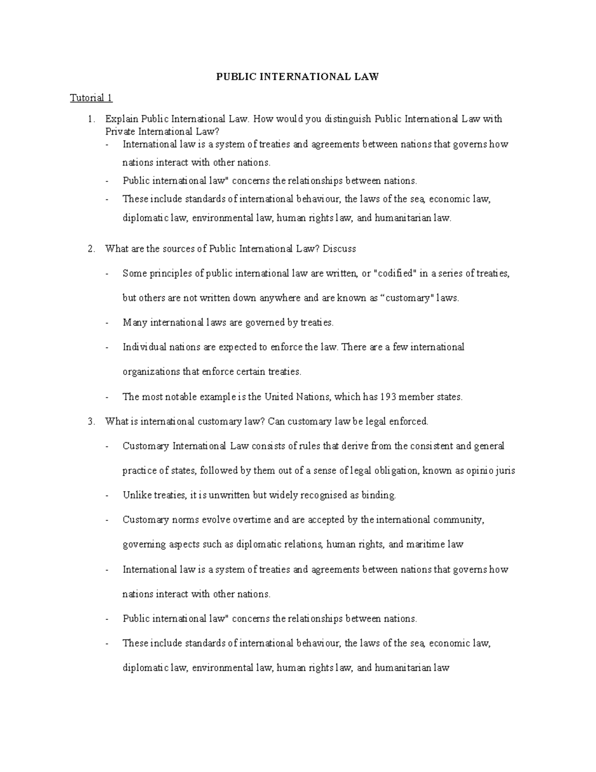PUBLIC INTERNATIONAL LAW Tutorial 1: Key Concepts and Sources - Studocu