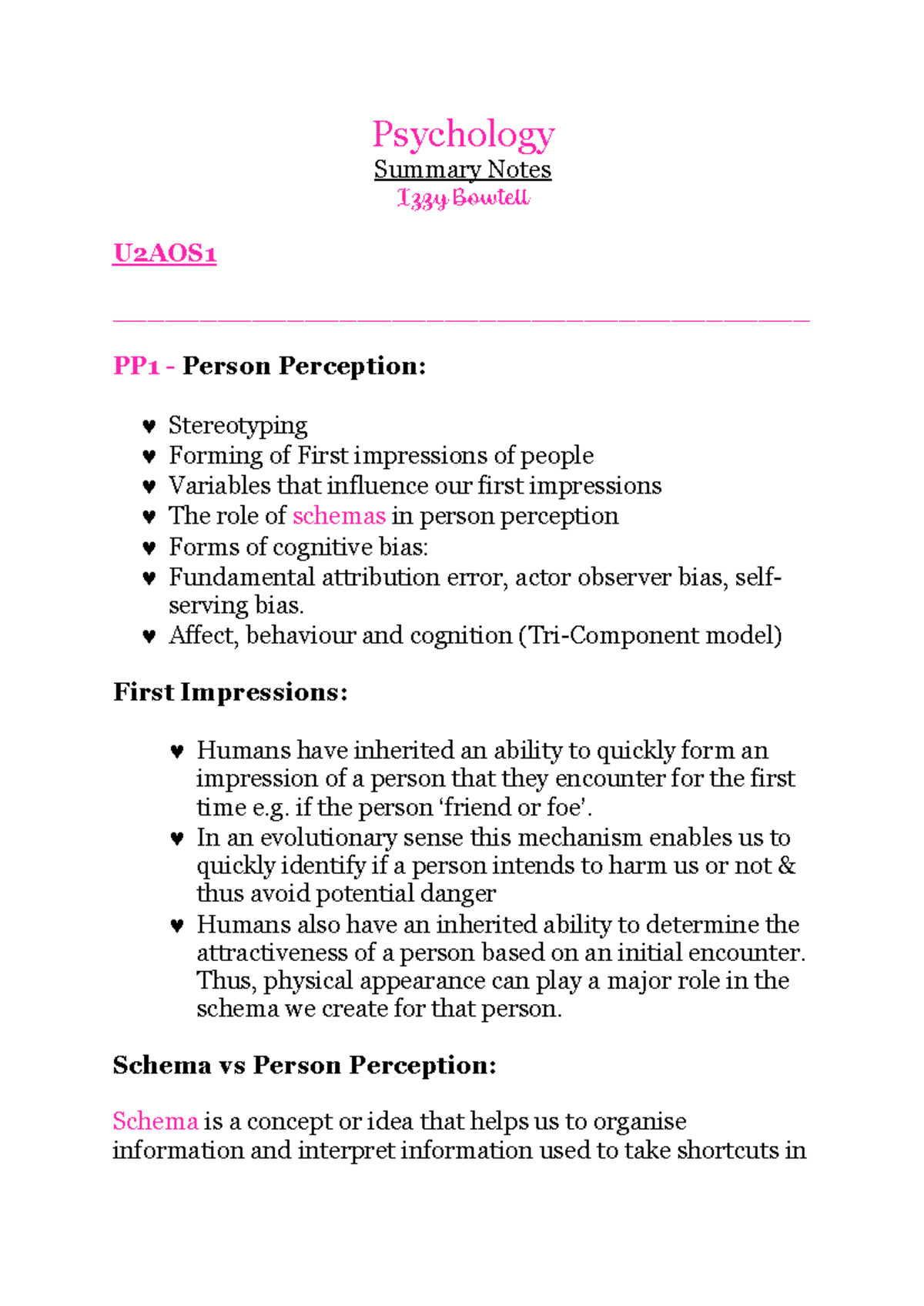 Psychology U2AOS1 Exam Notes: Person Perception & Cognitive Biases ...