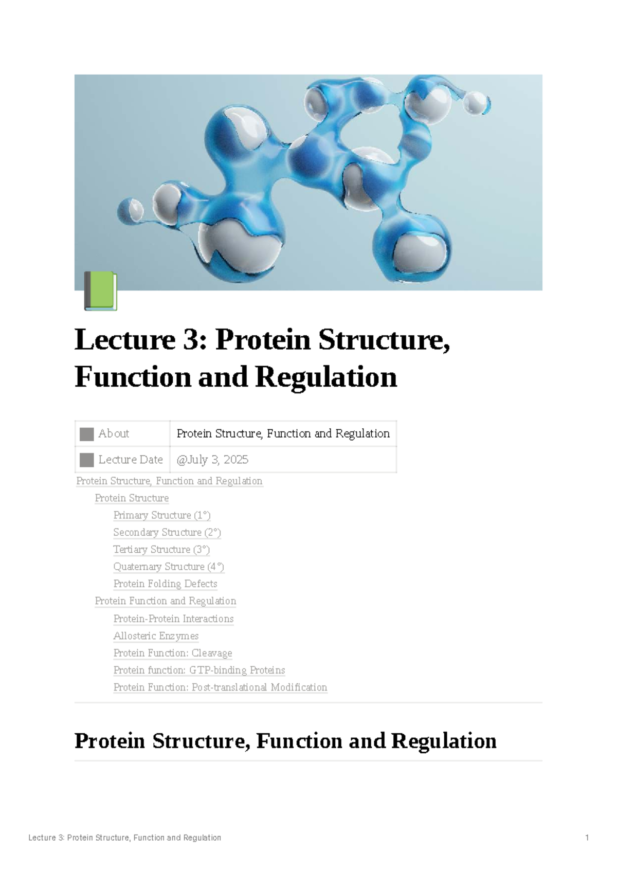 Lecture 3: Protein Structure, Function & Regulation Overview - Studocu