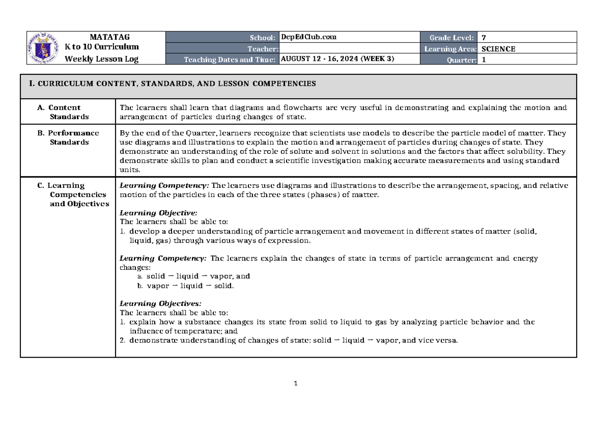 DLL Science 7 Q1 Week 3 - Understanding States of Matter and Changes ...