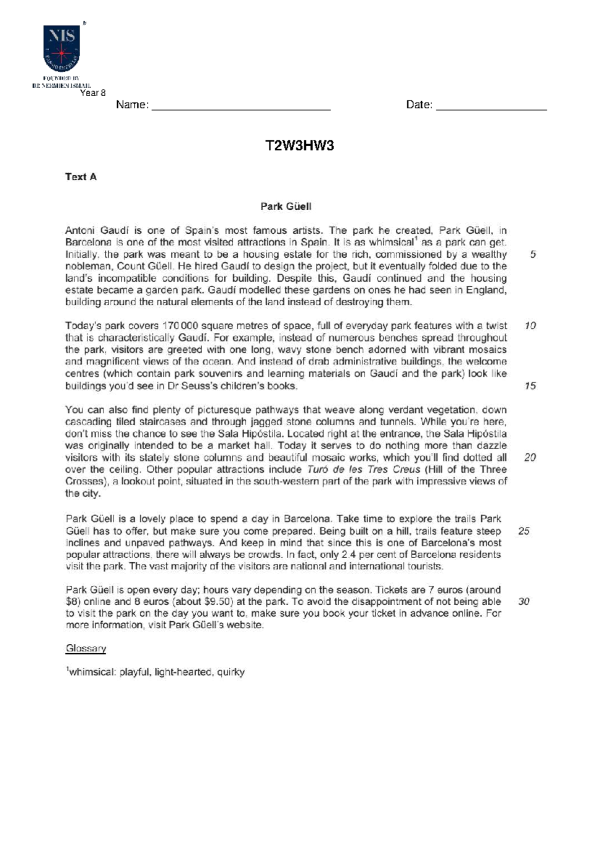 T2W3HW3 - Year 8 Reading Comprehension Practice - Studocu