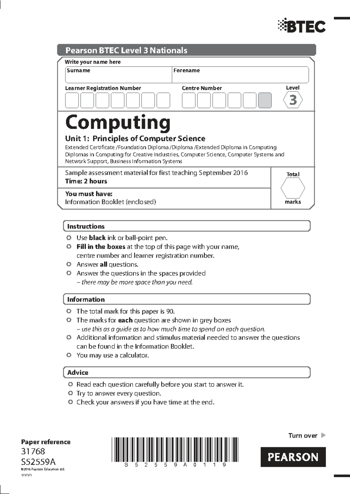 Pearson BTEC Level 3 Nationals Unit 1: Principles of Computer Science Sample - Studocu