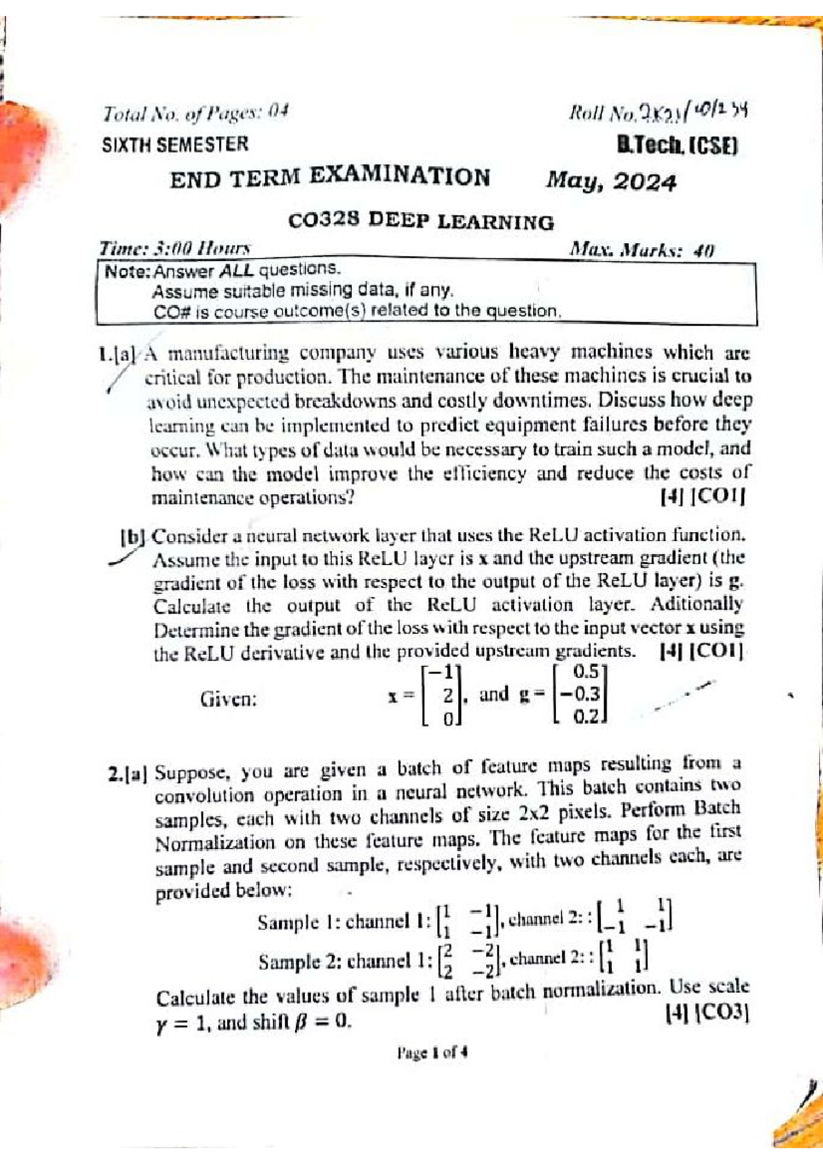 CO328 Deep Learning 2024 End Term Exam - Practice Questions - Studocu
