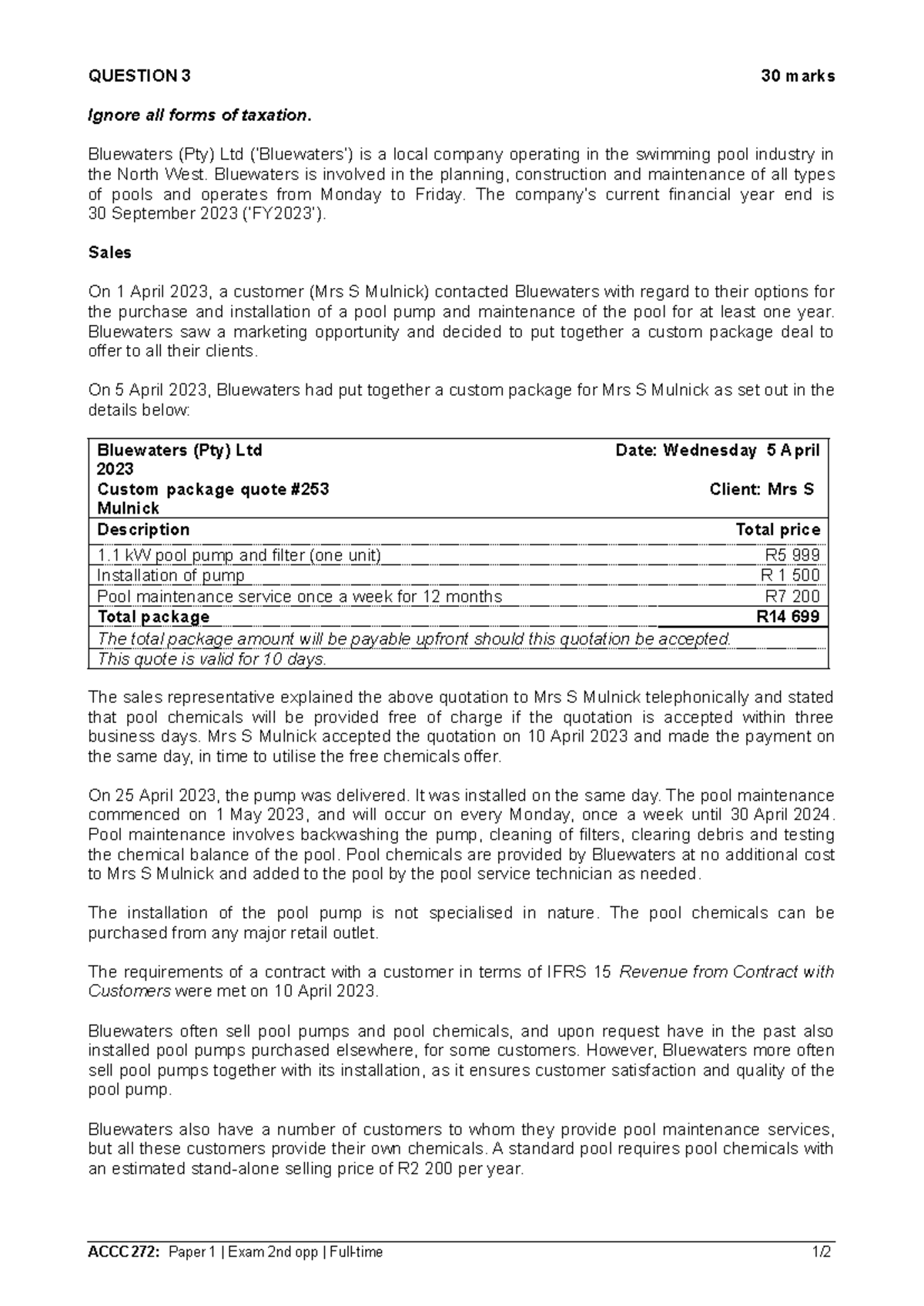 ACCC 272: Bluewaters (Pty) Ltd Custom Pool Package Case Study - Studocu