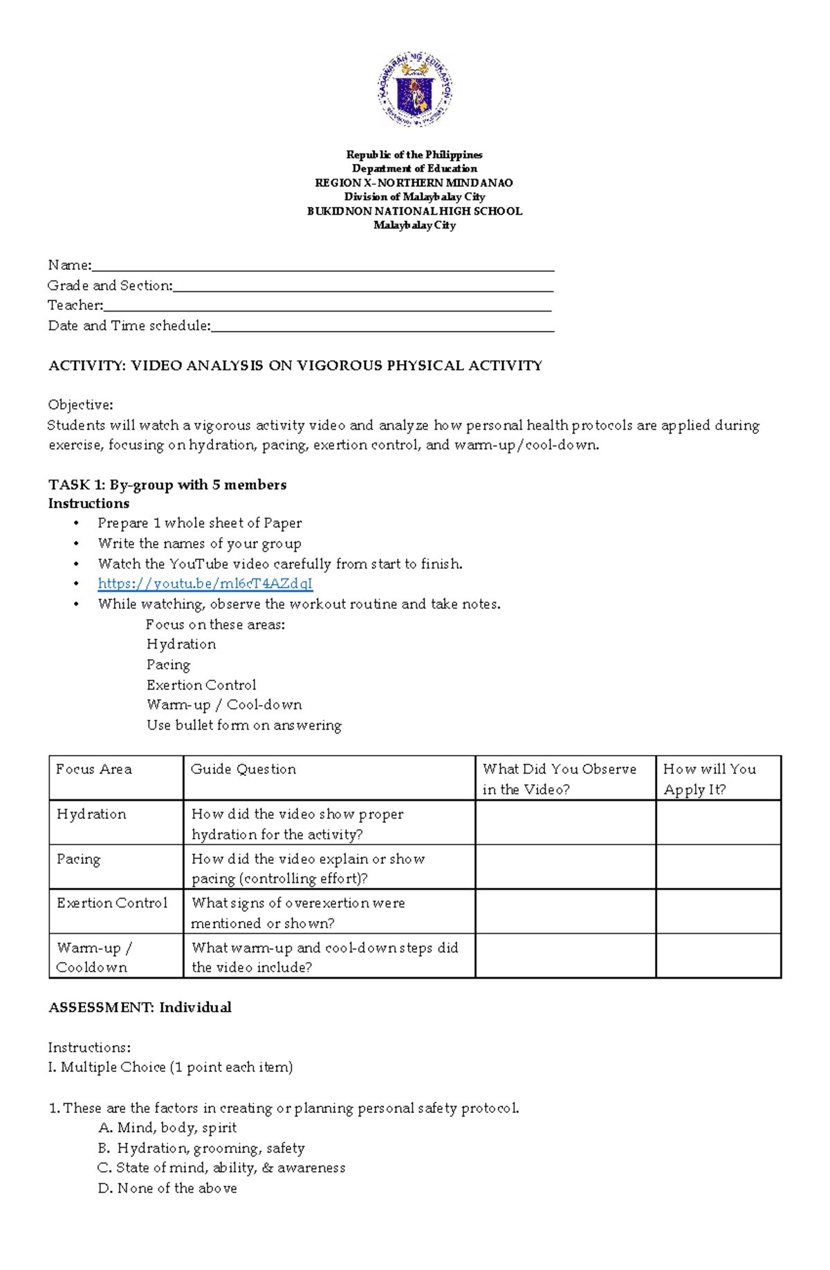 Grade 12 PE Activity: Video Analysis on Vigorous Physical Activity ...