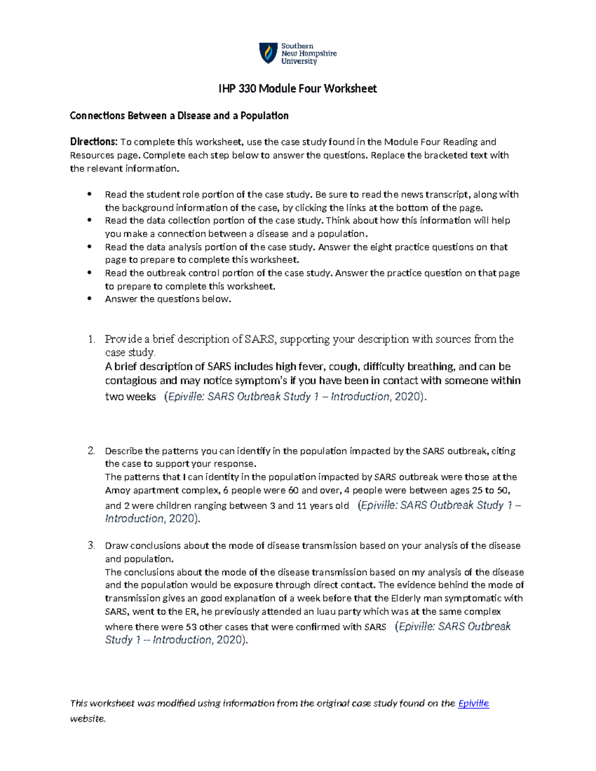 IHP 330 Module 4 Epidemiology Worksheet: Disease and Population ...
