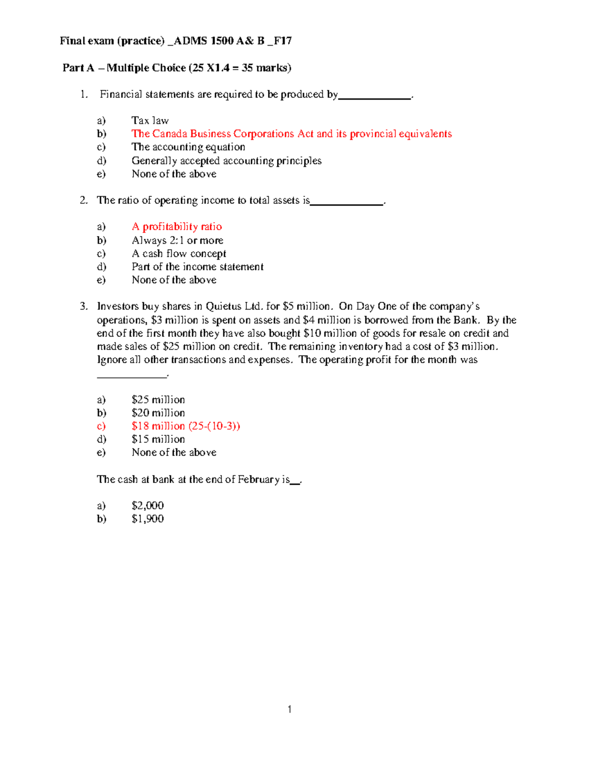 Final Exam (Practice) - ADMS 1500 A & B - Questions and Answers - Studocu