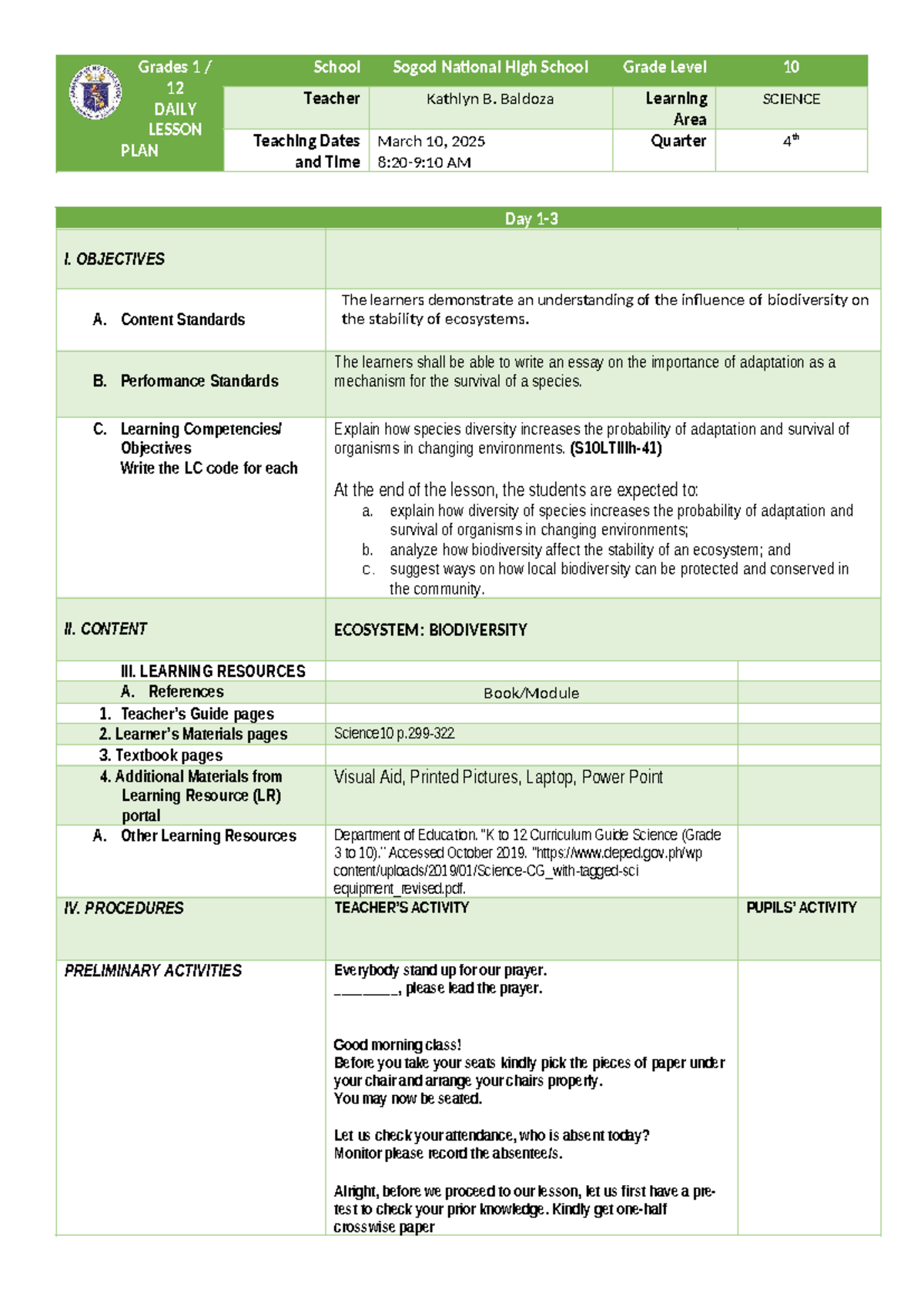 Grade 10 SCIENCE Daily Lesson Plan: Biodiversity & Ecosystem Adaptation ...