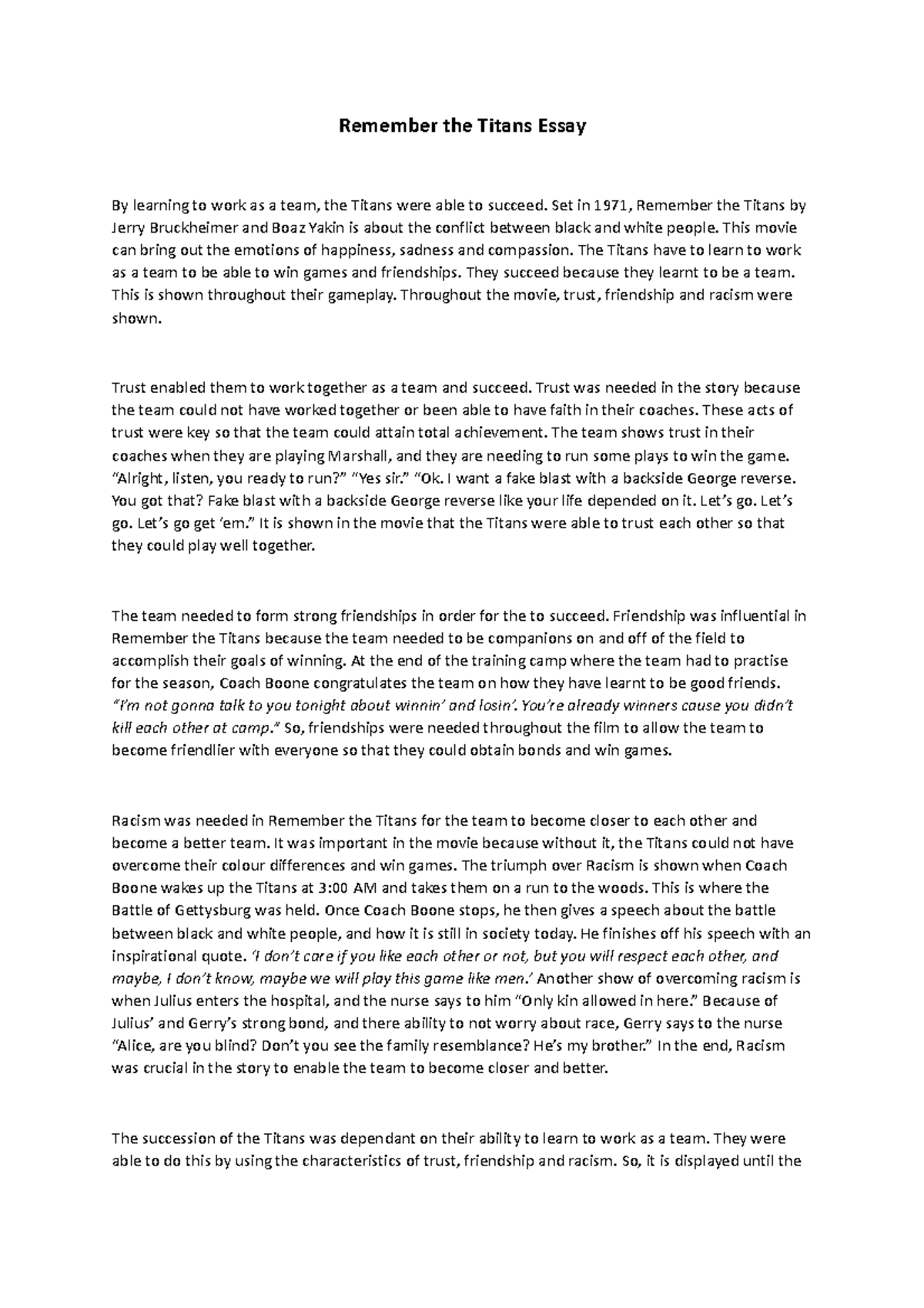 Remember the Titans Essay: Teamwork, Trust & Overcoming Racism - Studocu