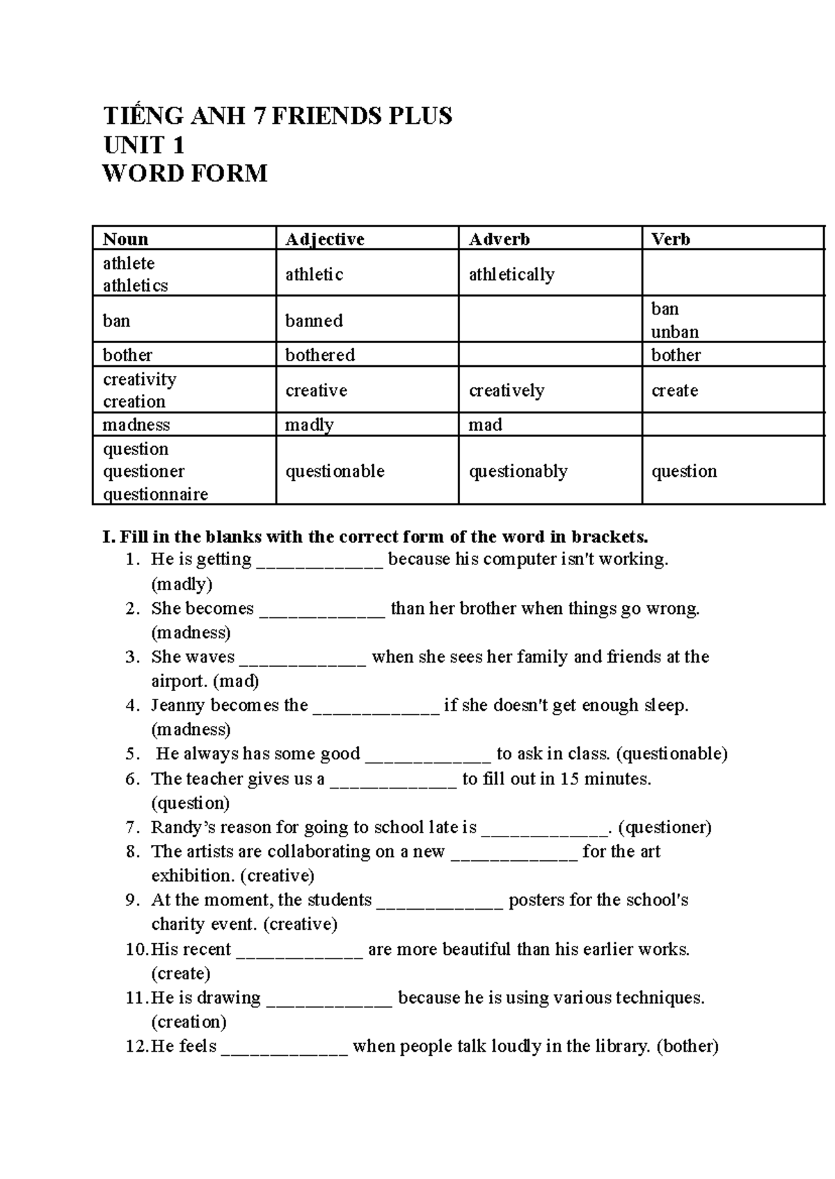 TIẾNG ANH 7 _ FRIENDS UNIT 1 WORD FORM EXERCISES - Studocu