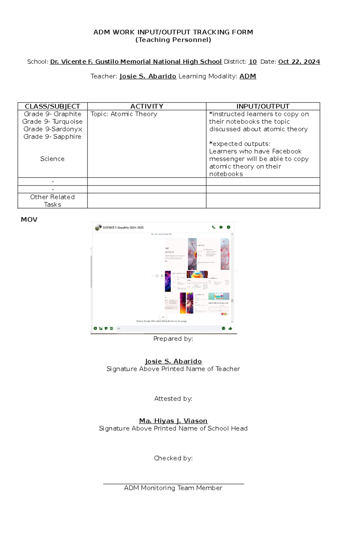 Grade 9 adm - ADM WORK INPUT/OUTPUT TRACKING FORM (Teaching Personnel ...