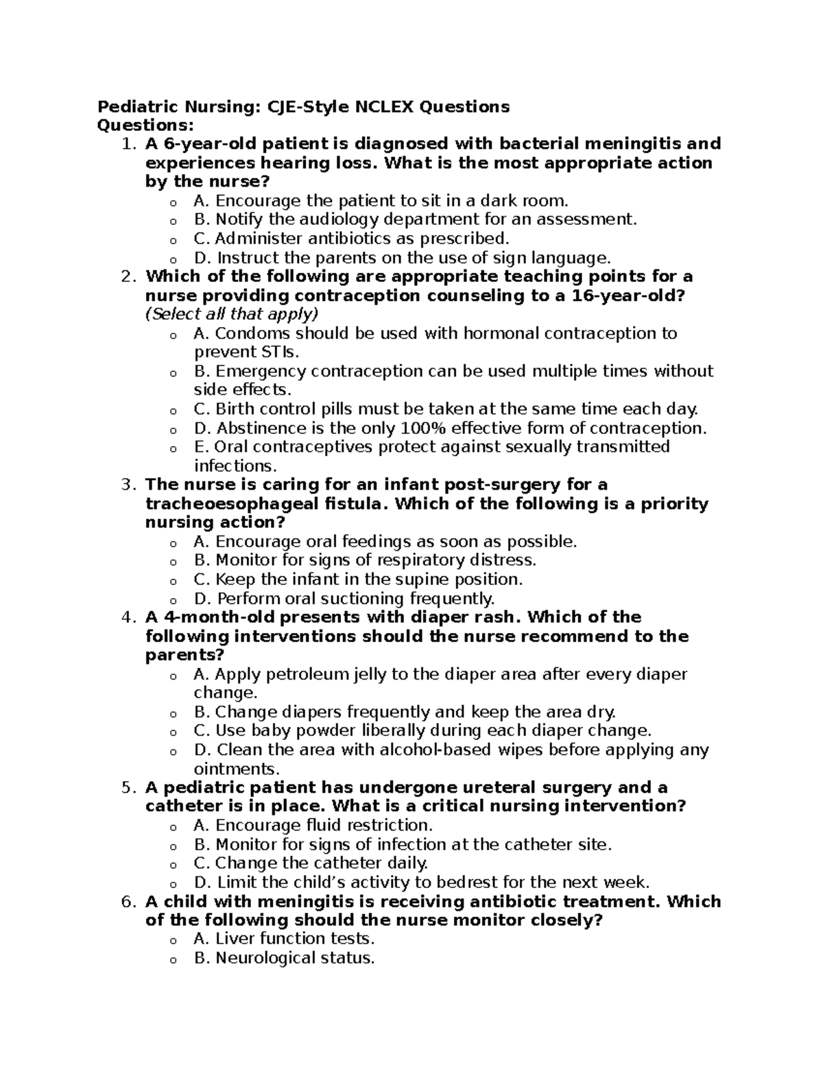 CJE Pediatric Nursing NCLEX Practice Questions and Answers - Studocu