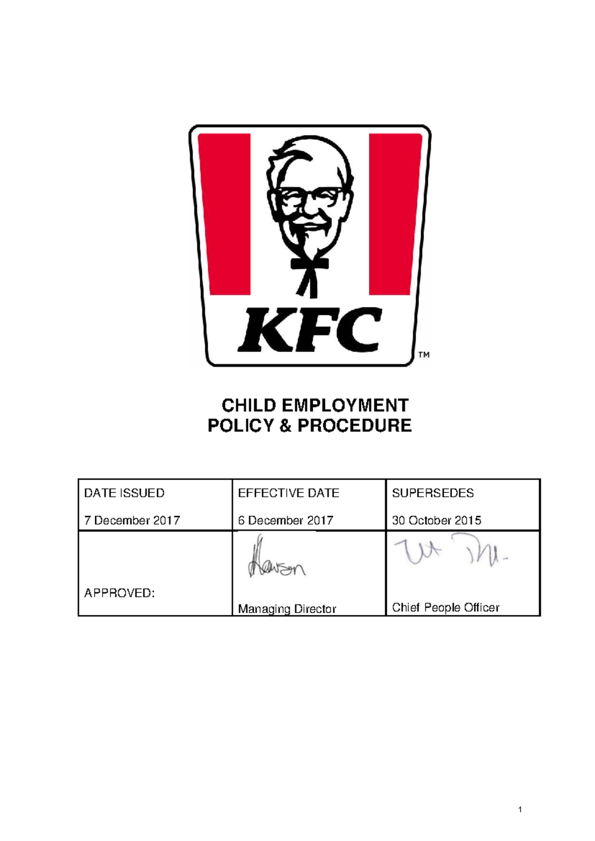 YUM! Restaurants Child Employment Policy & Procedure (Dec 2017) - Studocu