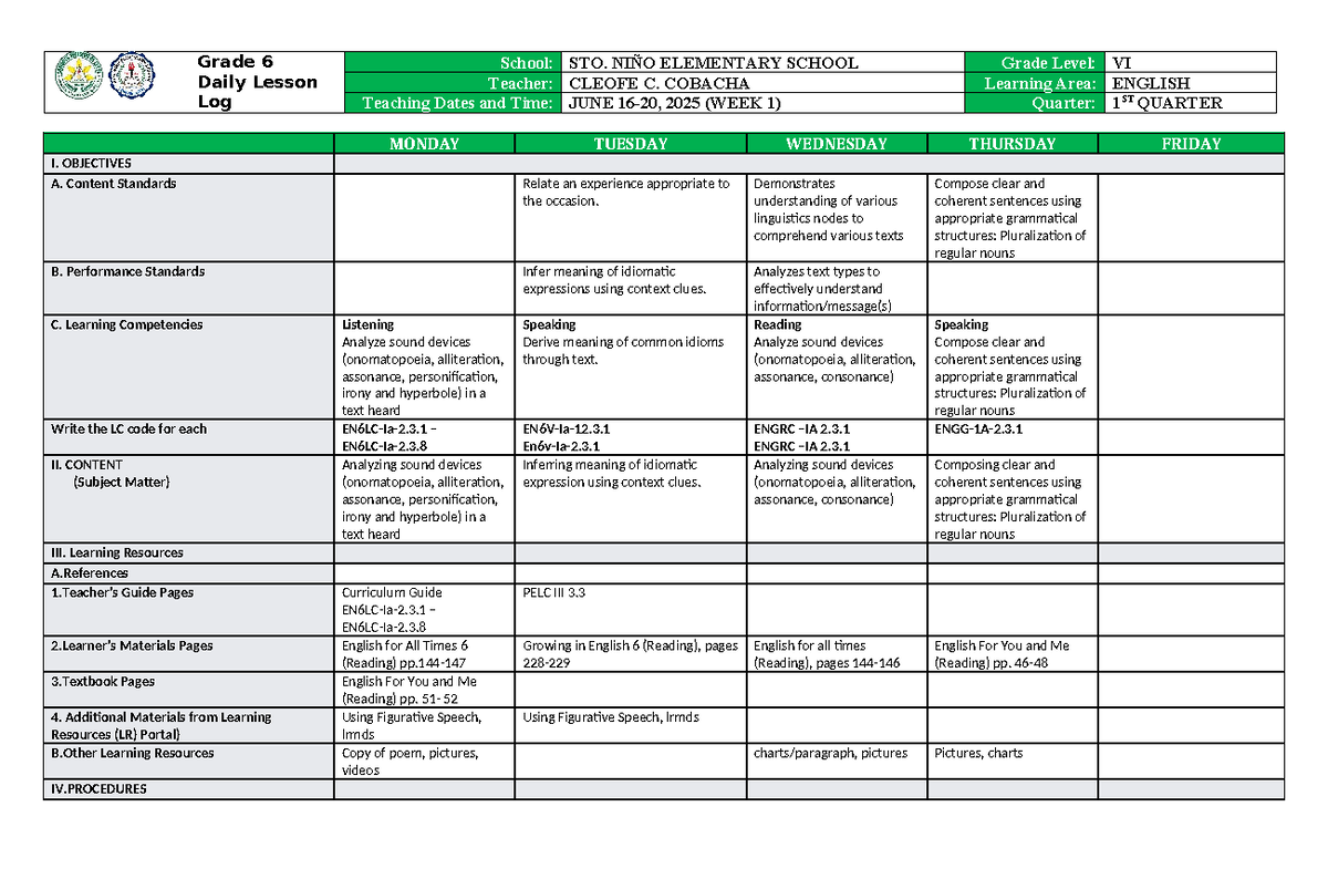 Grade 6 Daily Lesson Log: English 6 Q1 W1 Activities and Objectives ...