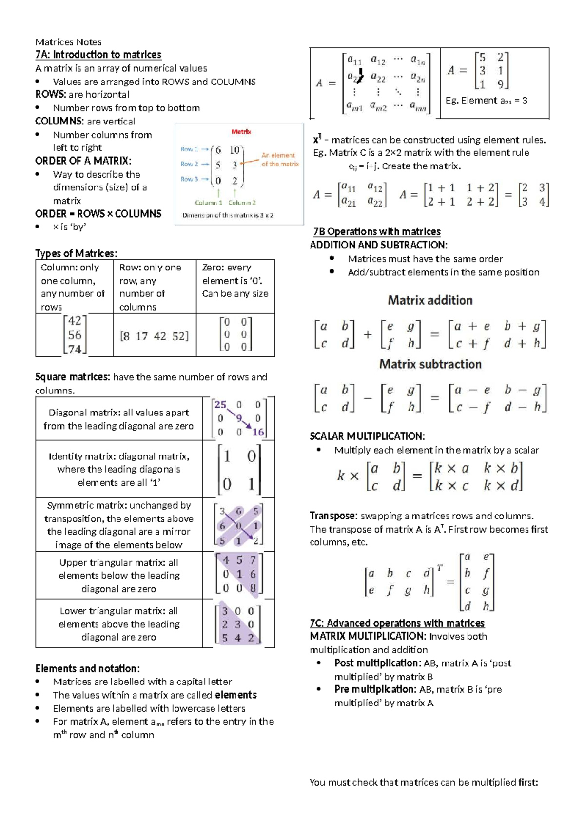 Matrices Notes 7A-7F: Comprehensive Guide to Matrix Operations - Studocu