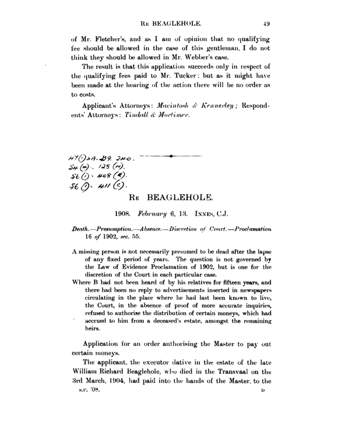 Re Beaglehole 1908 Case Study on Absence and Presumption of Death - Studocu
