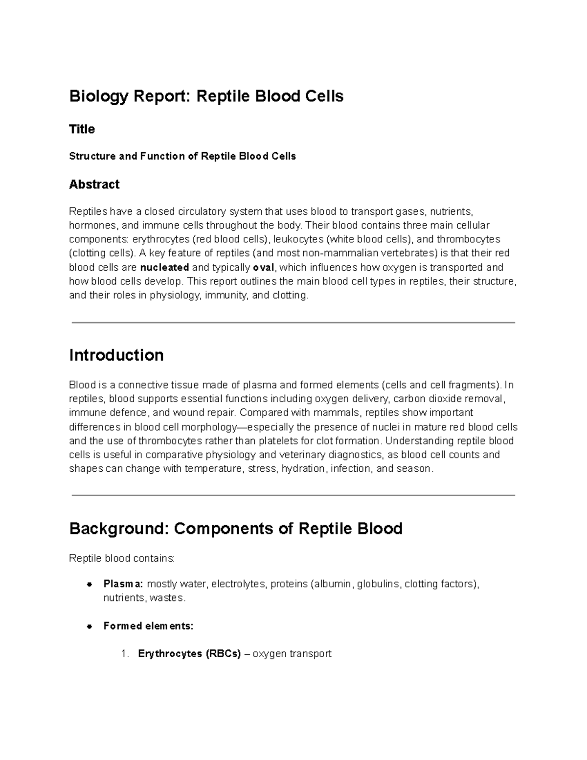 Biology Report: Structure & Function of Reptile Blood Cells - Studocu
